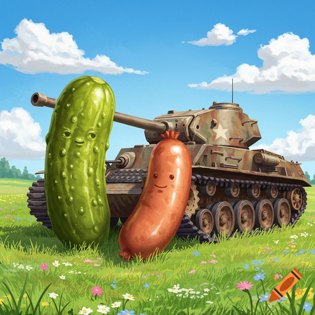 A cartoon pickle and sausage with smiling faces stand in a grassy field ...