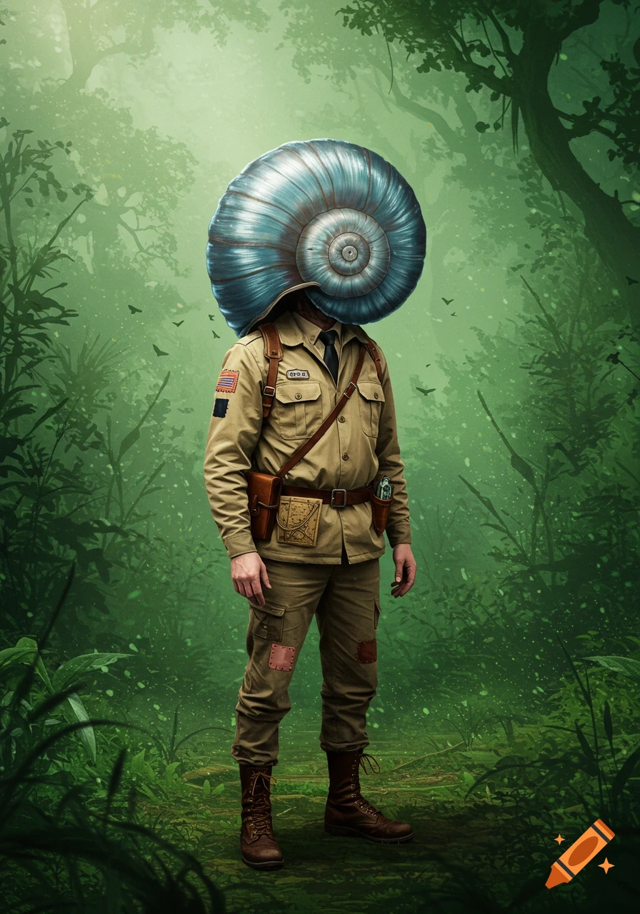 An explorer with a large blue snail shell for a head stands in a lush ...