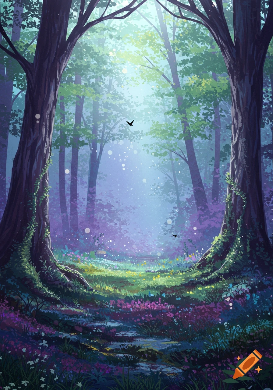 A beautiful fantasy forest with tall, gnarled trees, purple and green ...