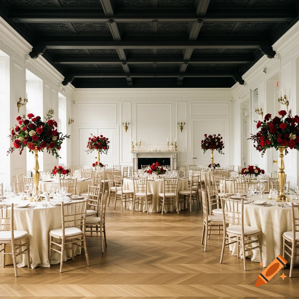 A grand wedding reception room with white walls, dark coffered ceiling ...