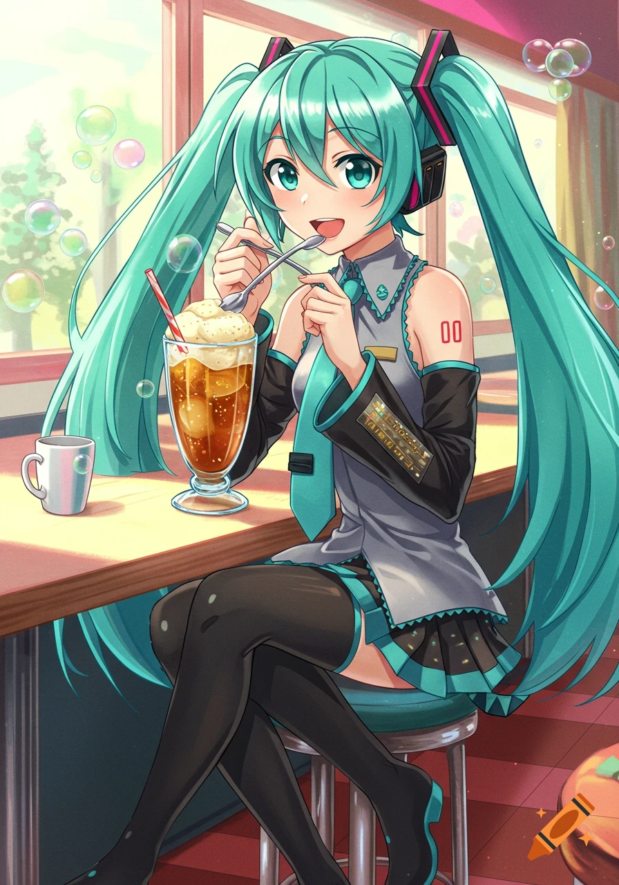 Hatsune Miku, an anime character with long turquoise pigtails, smiles ...
