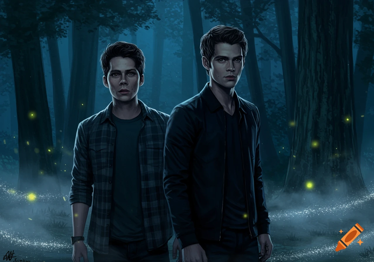 Digital painting of two young men standing in a dark, mystical forest ...