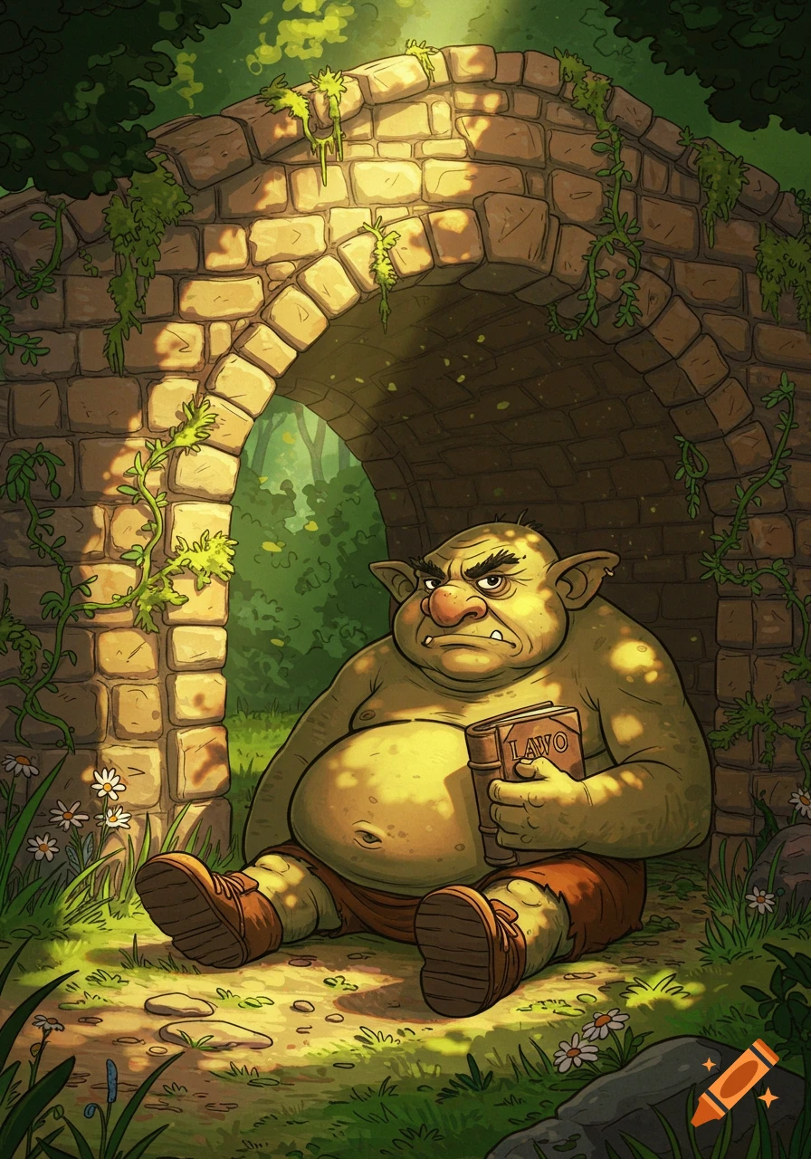 A grumpy, fat cartoon troll sits under a mossy stone bridge, holding a ...