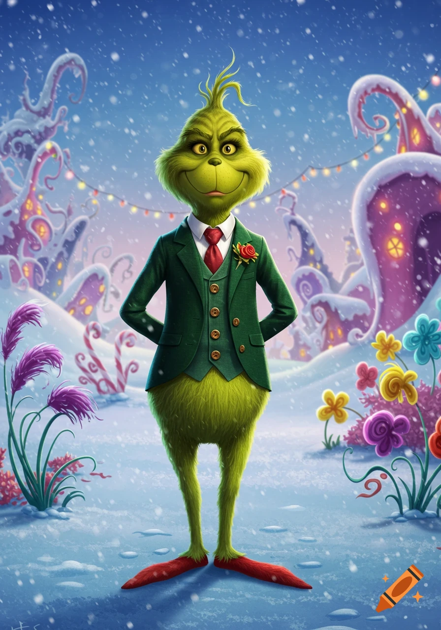 The Grinch stands smiling in a green three-piece suit with a red tie ...