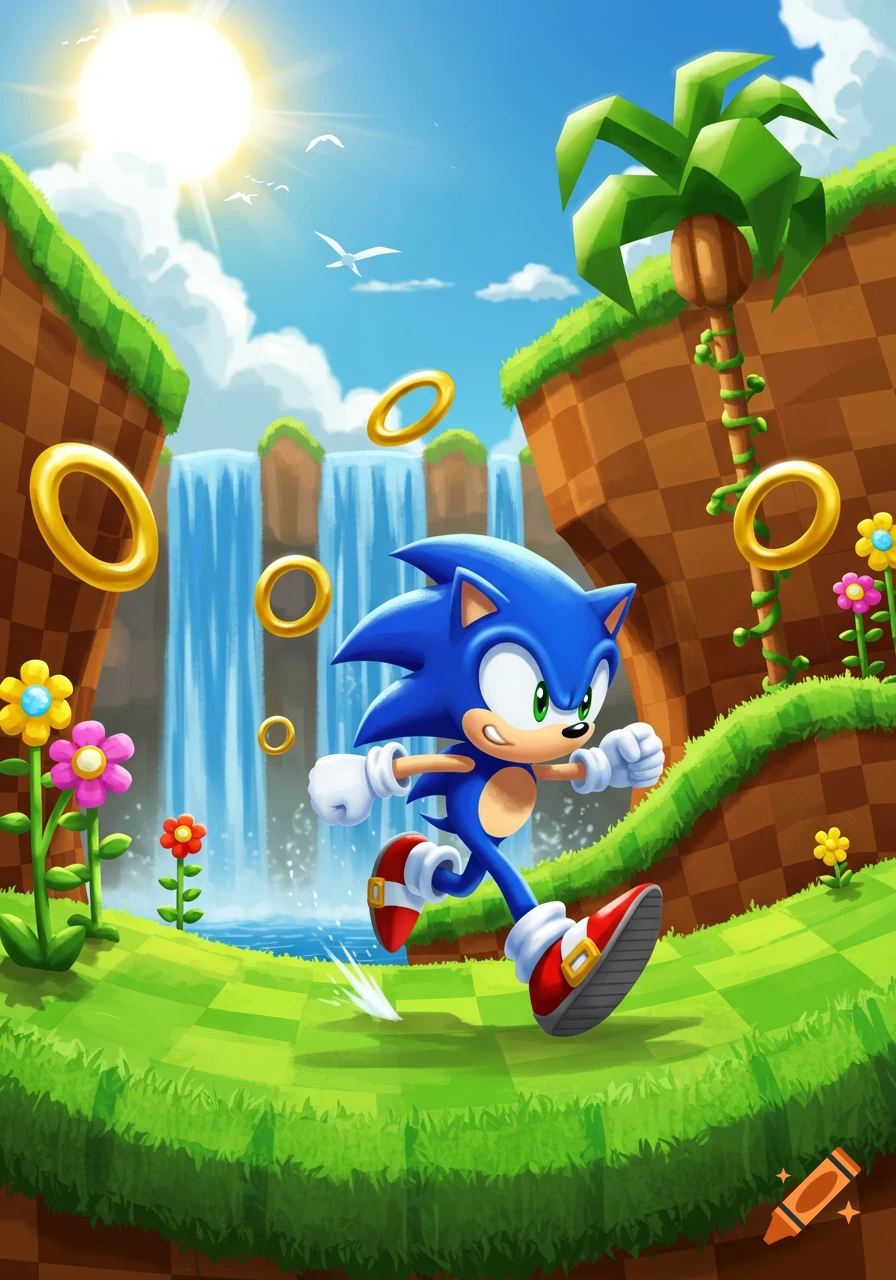 Sonic the Hedgehog runs through a vibrant Green Hill Zone-like ...