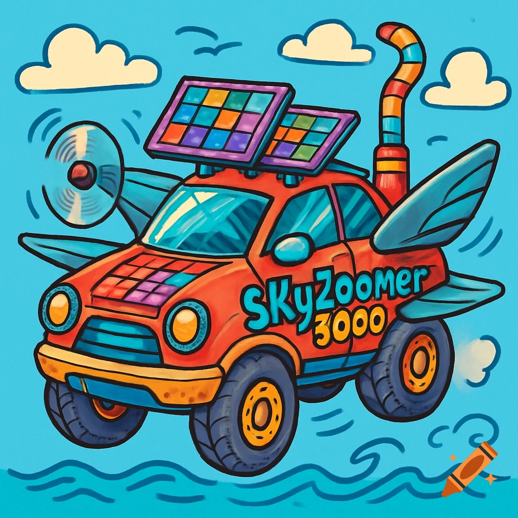 A colorful red cartoon flying car named SkyZoomer 3000, with wings, a ...