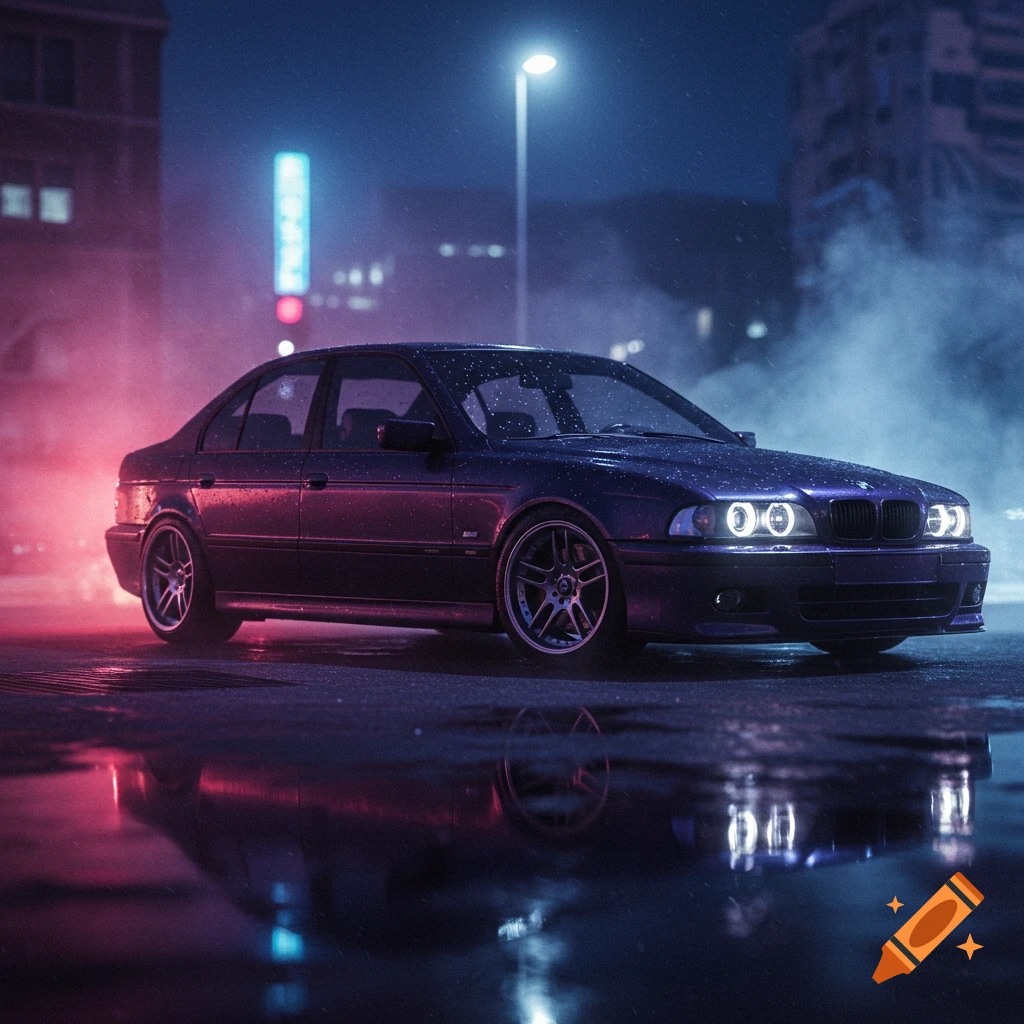 A midnight purple BMW E39 sedan sits on a wet city street at night ...