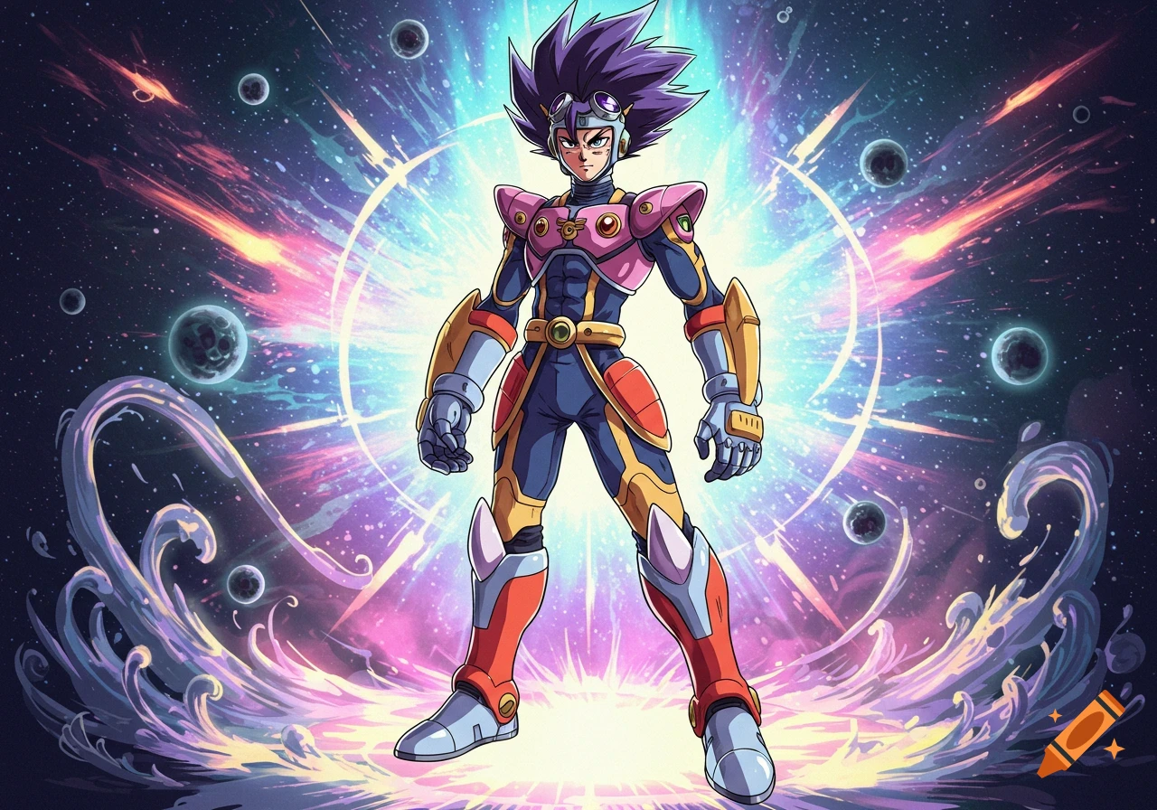 Anime character in futuristic armor with purple spiky hair stands ...