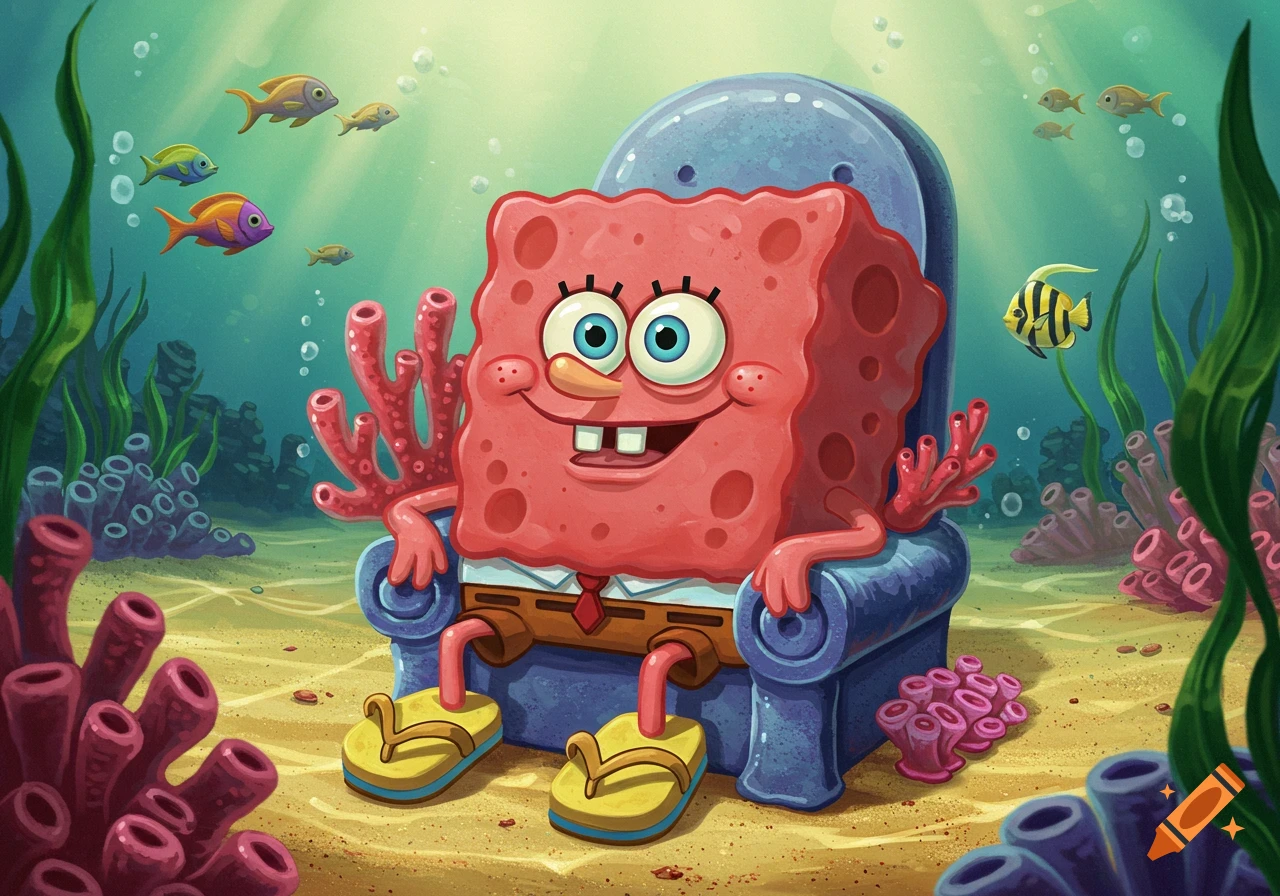 A red, square, Spongebob-like cartoon character sits in a blue armchair ...