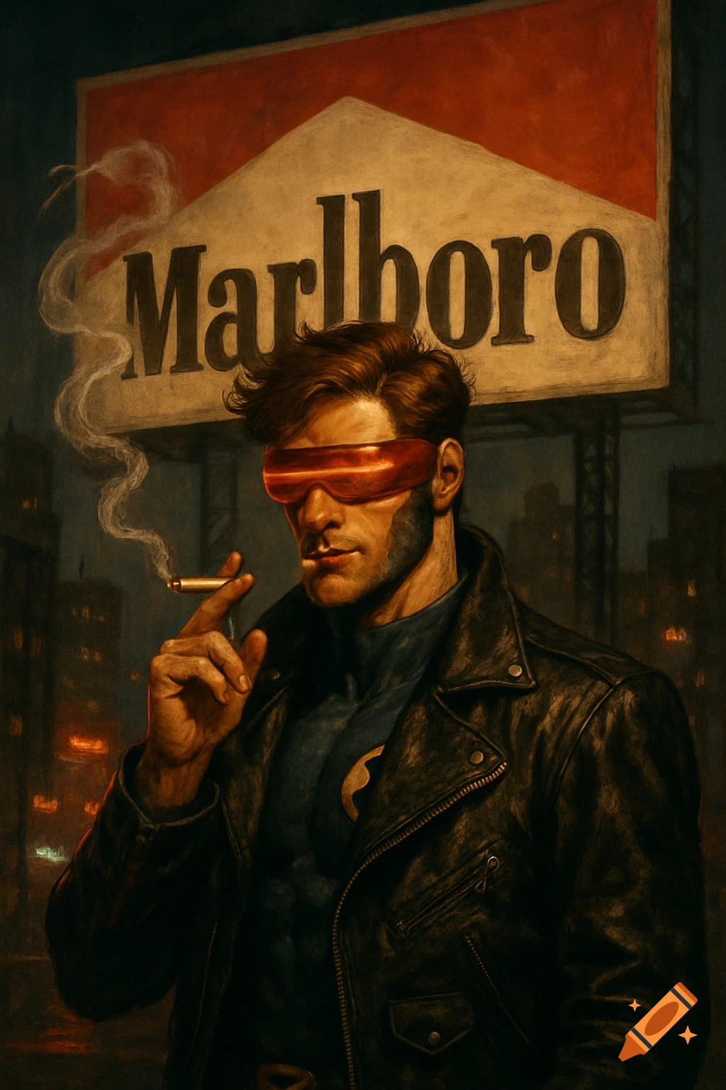 Cyclops from X-Men, in a leather jacket, smoking under a 'Marlboro ...