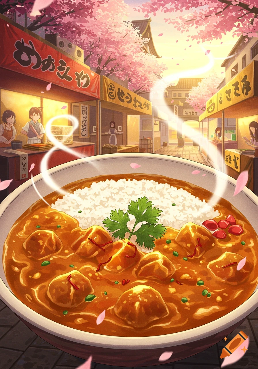 Anime-style illustration of a steaming bowl of Japanese curry with rice ...
