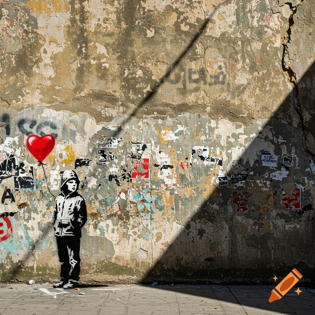 Banksy-style artwork of a child stencil holding a bright red heart ...