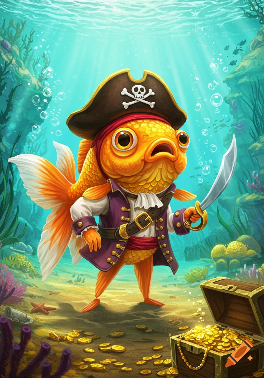 A cartoony goldfish pirate stands underwater on fins, holding a sword ...