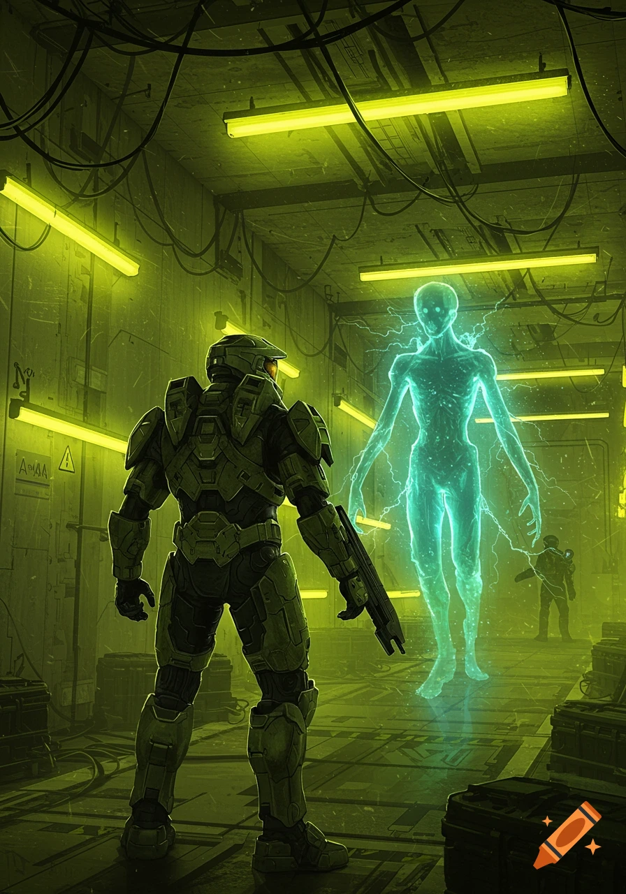 Master Chief in green armor stands with a rifle, facing a glowing ...