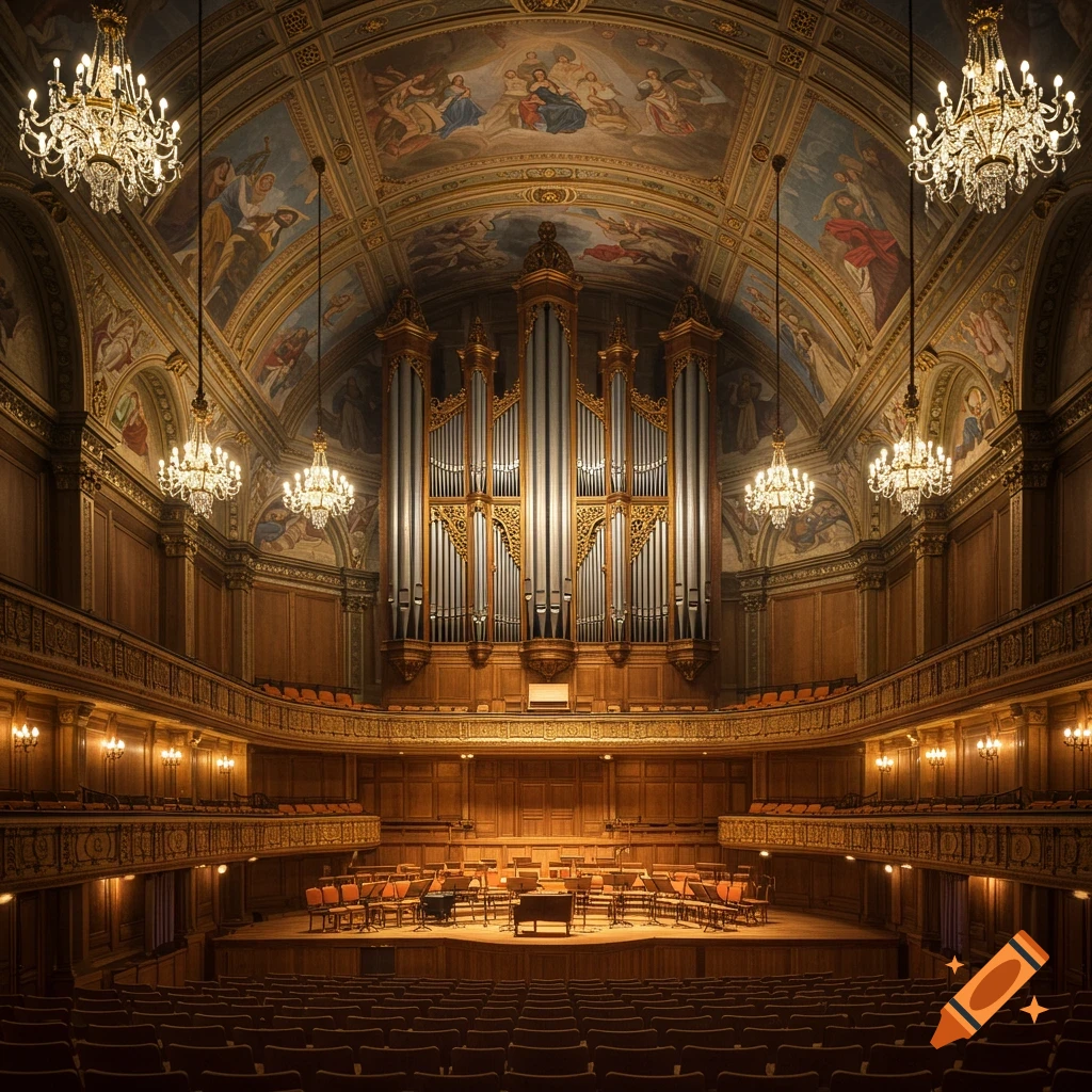 A grand, ornate concert hall with a large pipe organ, multiple tiers of ...