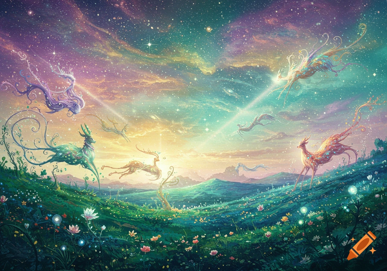 A vibrant, ethereal landscape with a starry, colorful sky over a lush ...