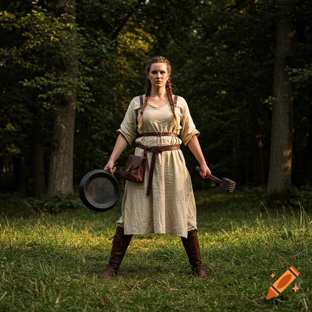 A photorealistic female warrior with braided hair, dressed in rustic ...