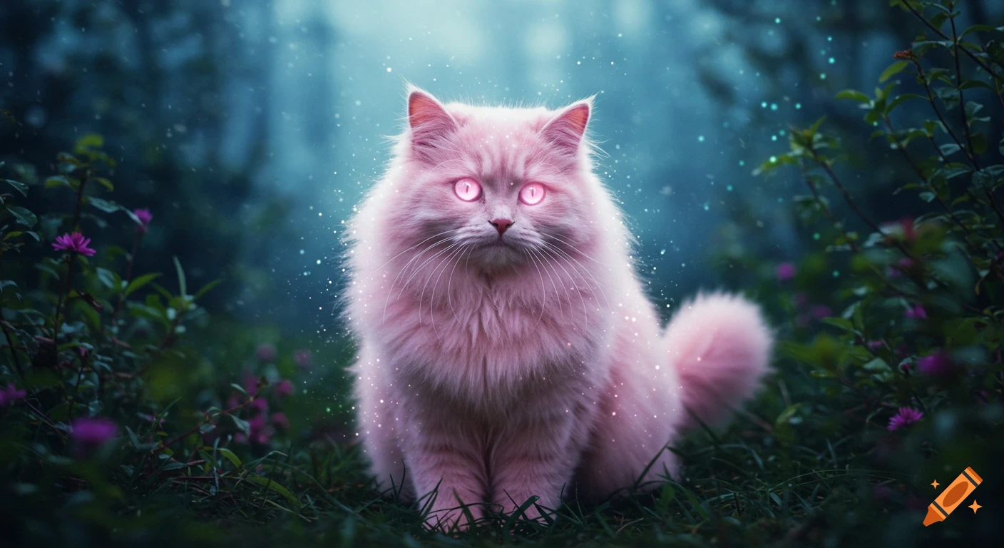A photorealistic pink fluffy cat with glowing pink eyes and magical ...