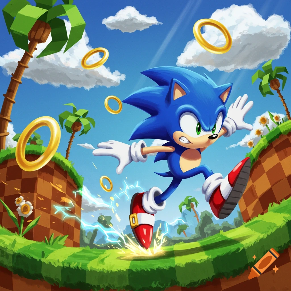 Sonic the Hedgehog running at super speed through a vibrant Green Hill ...
