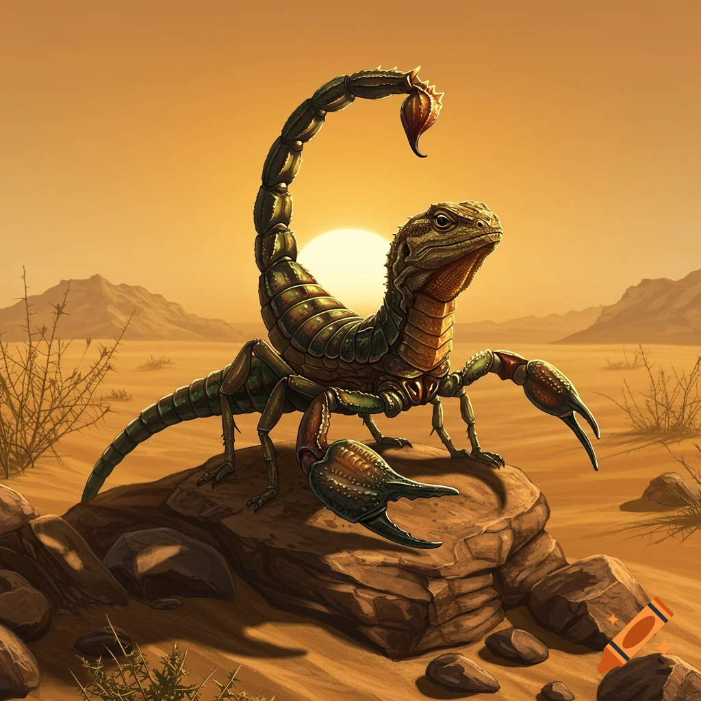 A lizard-headed scorpion stands on a rock in a desert landscape with a ...