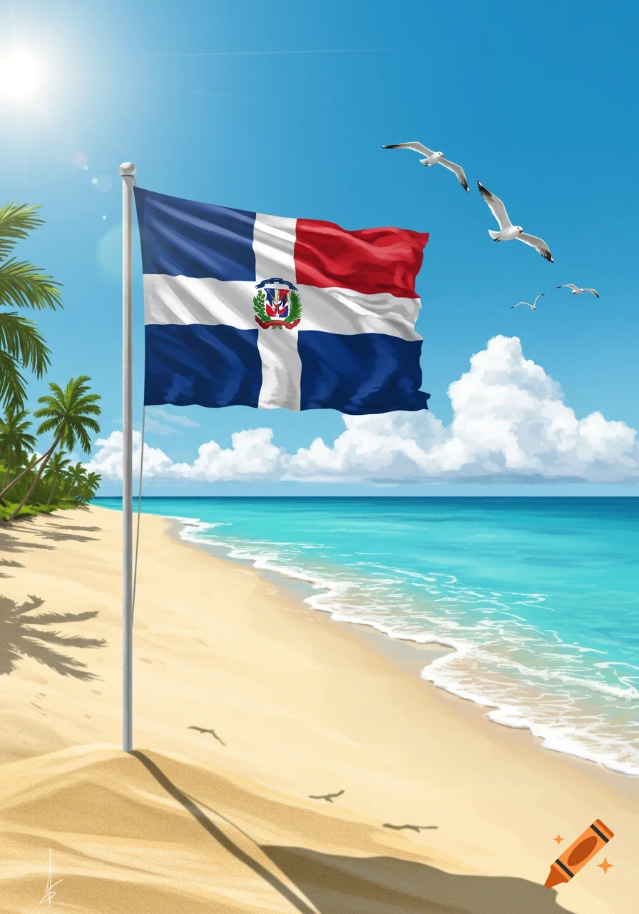 Dominican Republic flag waving on a sunny tropical beach with palm ...
