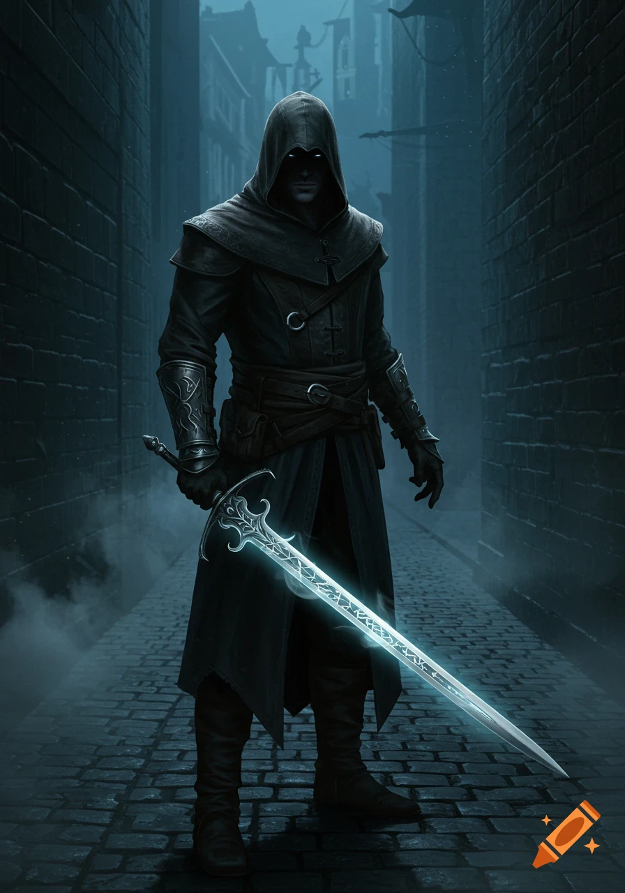 A dark fantasy assassin in a hooded cloak, holding a glowing rapier in ...