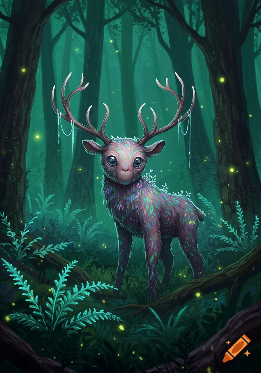 A whimsical deer-like creature with colorful fur and antlers in a dark ...