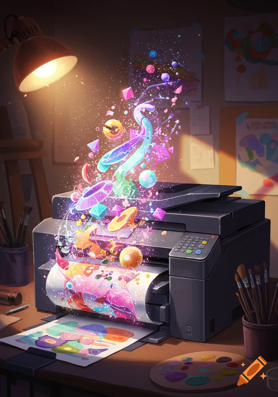 A vibrant digital illustration of a printer on a desk, emitting a burst ...