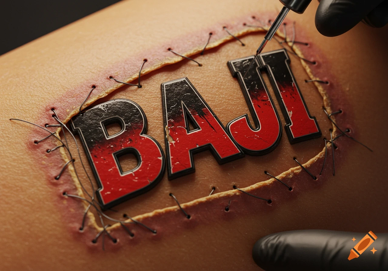 A close-up of the word 'BAJI' tattooed into skin, surrounded by ...