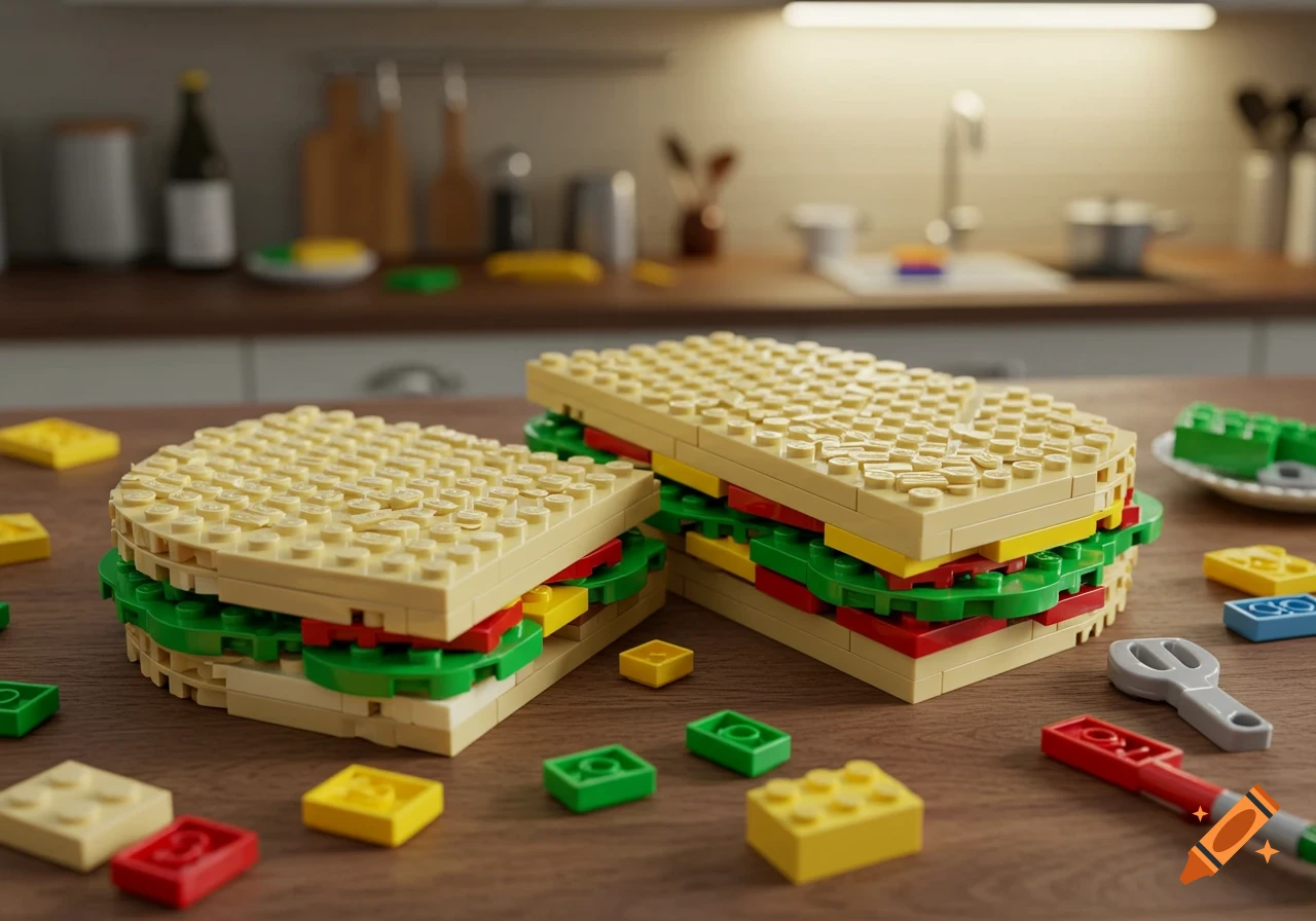 Two realistic Lego sandwiches with green, red, and yellow layers sit on ...