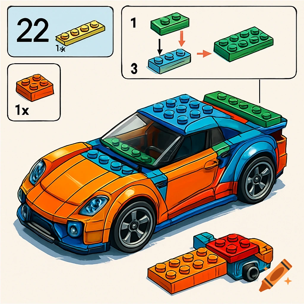 Illustrated Lego instructions for building an orange and blue sports ...