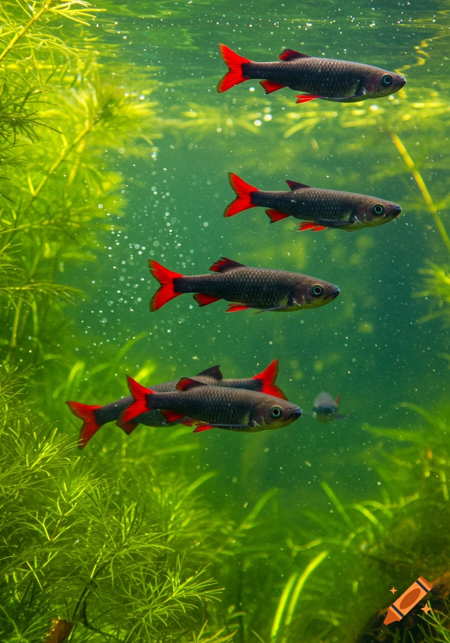 Several black fish with bright red tails swim among green aquatic ...