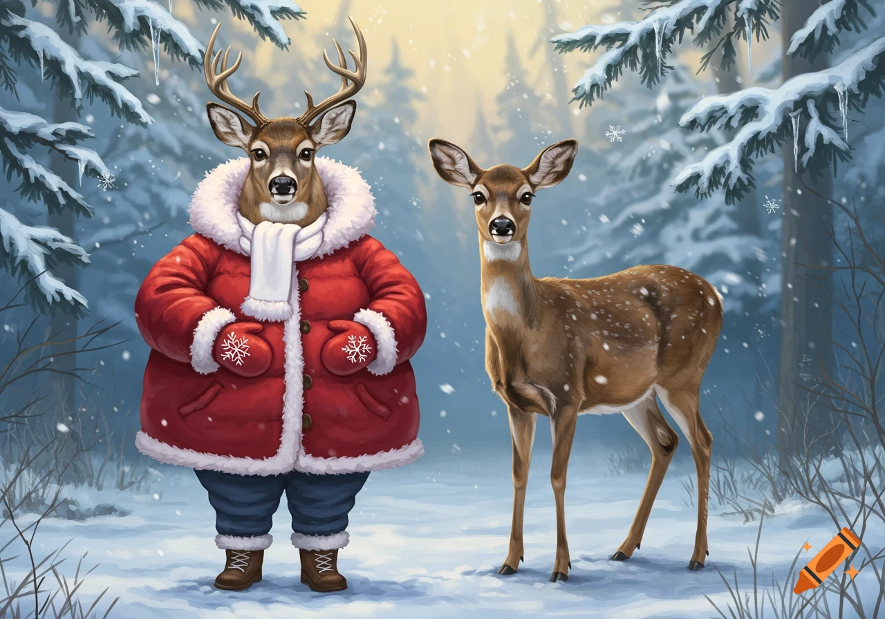An anthropomorphic buck in a red winter coat, scarf, mittens, pants ...