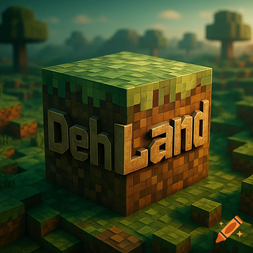 A large Minecraft-style grass and dirt block with 'DehLand' embossed on ...