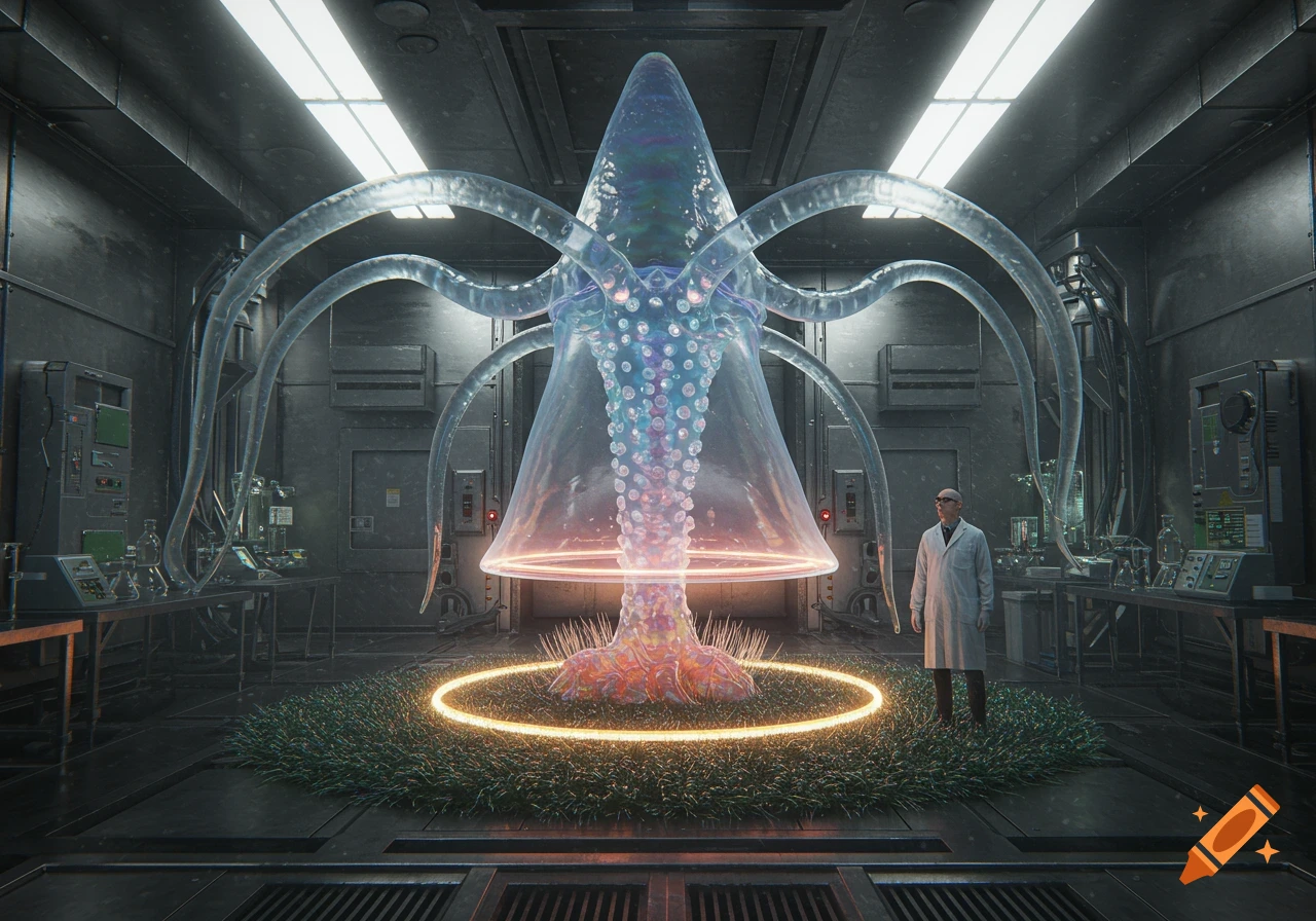 A scientist in a white coat observes a large, conical, translucent ...