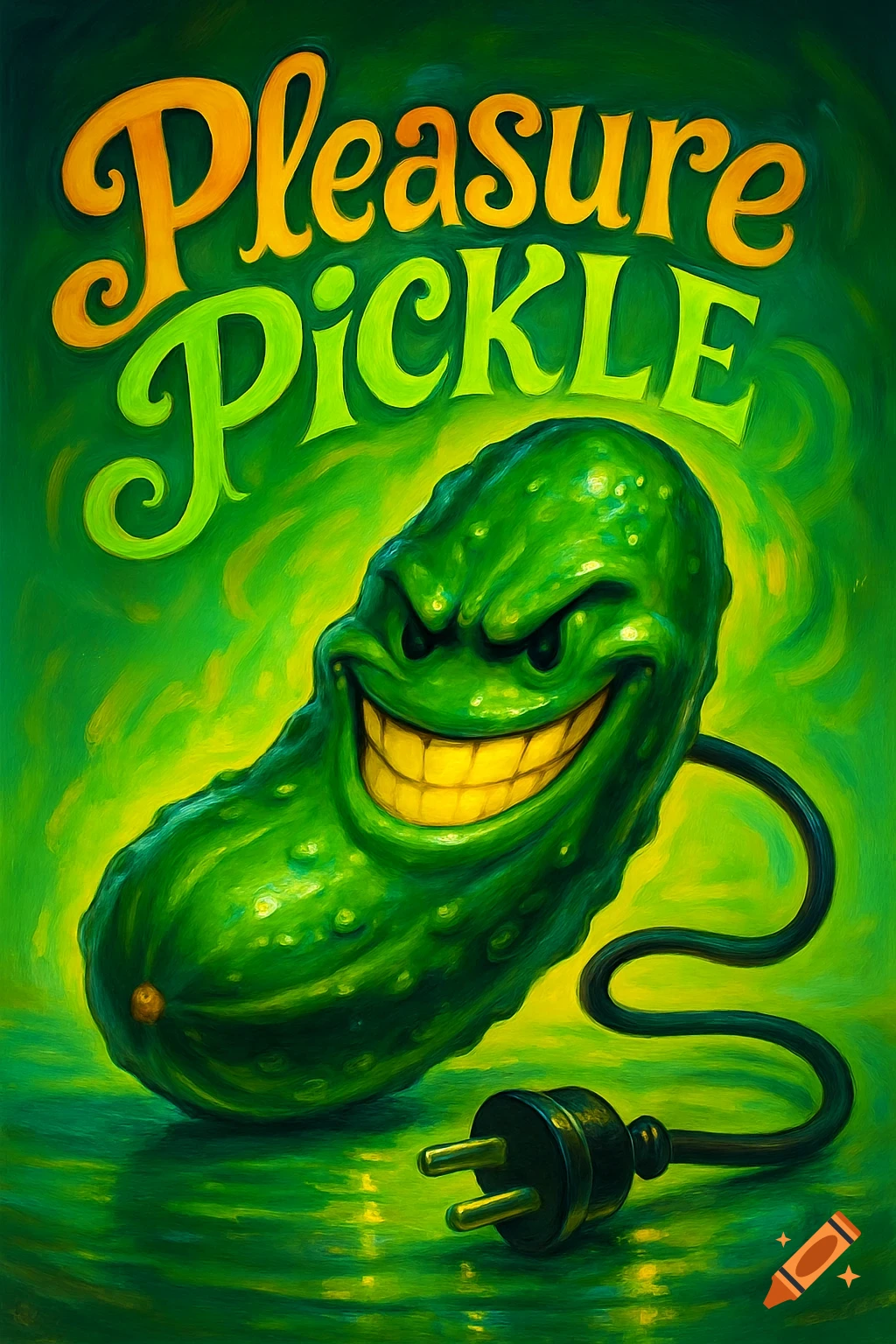 A cartoon green pickle with a devious smile, an electrical plug, and ...