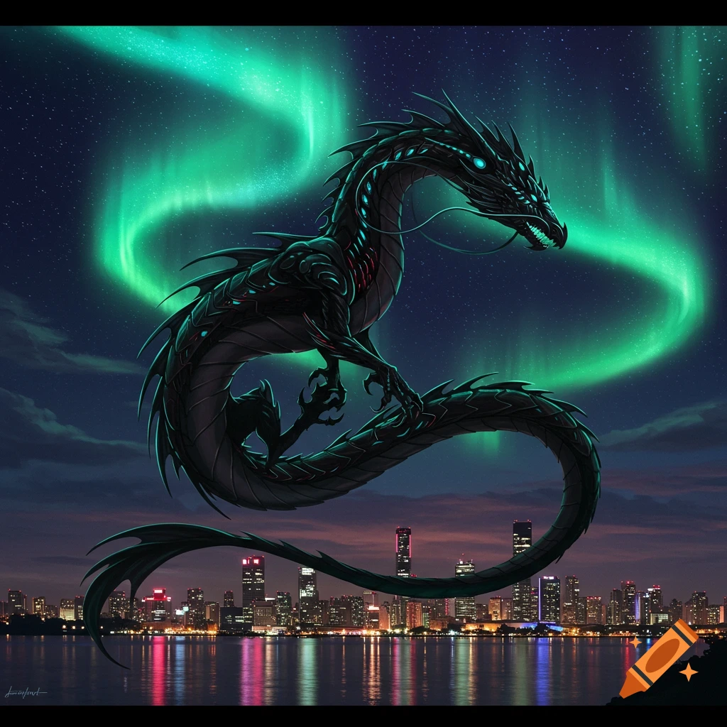 Black modern dragon with glowing eyes hovers over a city skyline ...