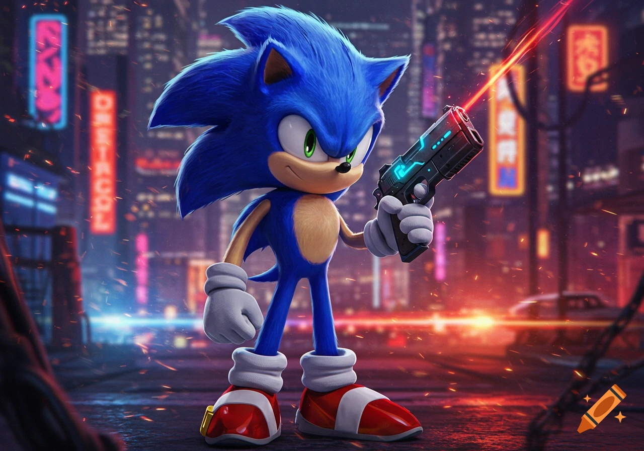 Sonic the Hedgehog holds a futuristic gun with a red laser sight ...