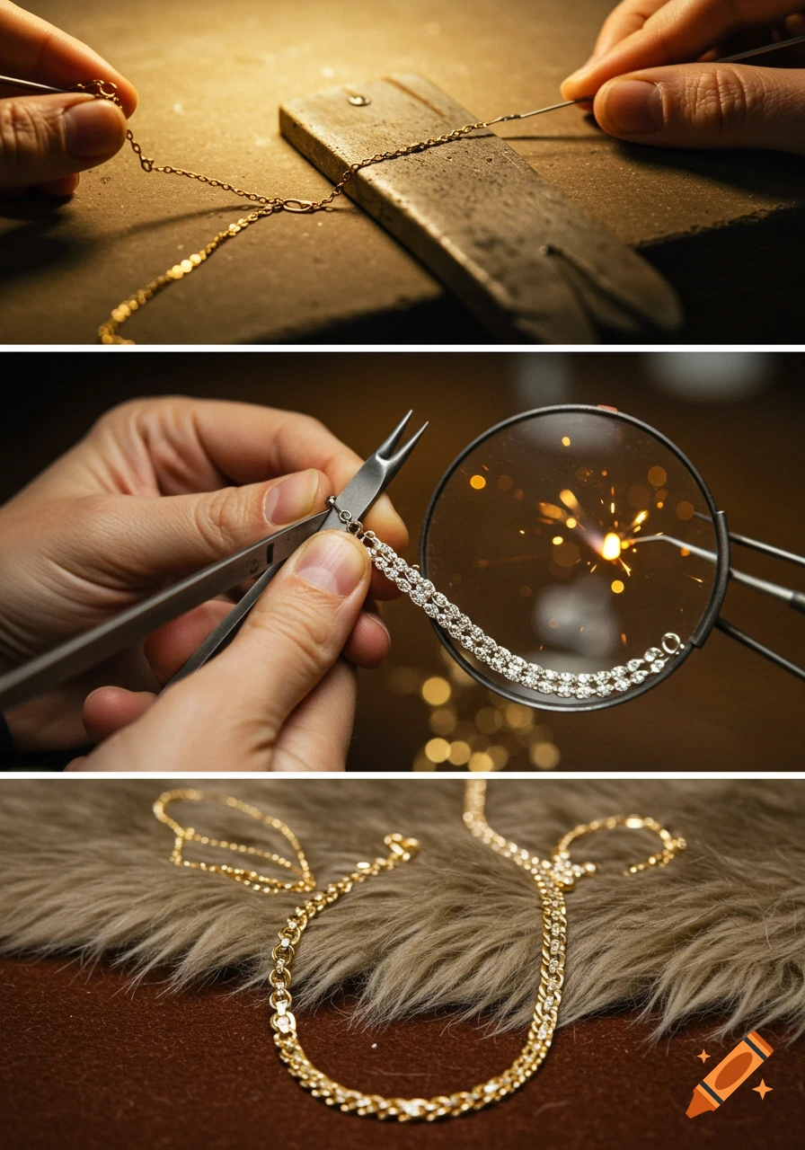 Photorealistic close-up of hands crafting gold and diamond jewelry ...