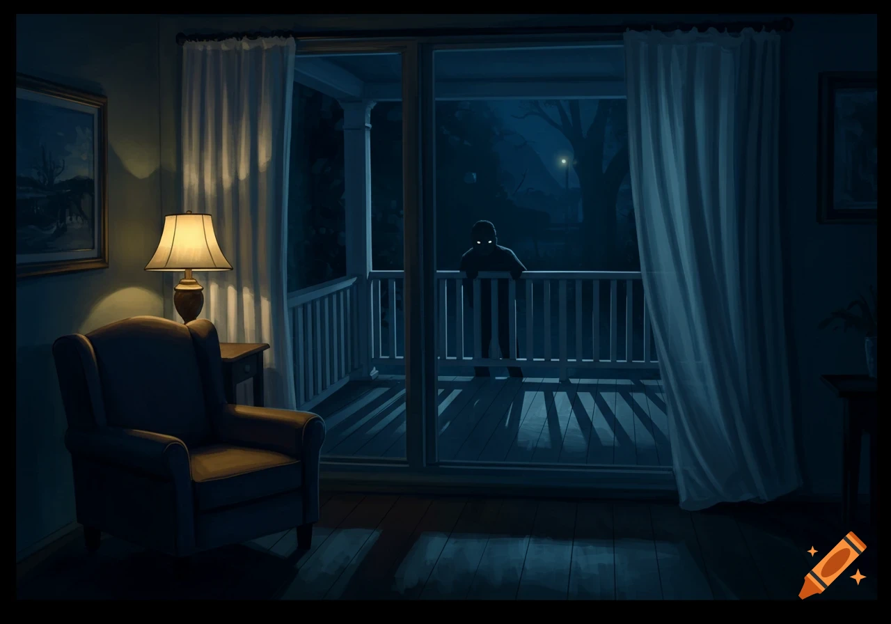 A creepy silhouetted figure with glowing eyes stands on a dark porch ...