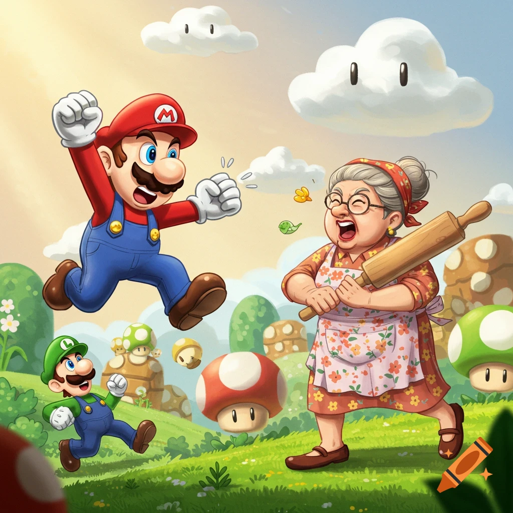 Cartoon Mario jumps from an angry grandma with a rolling pin, Luigi ...