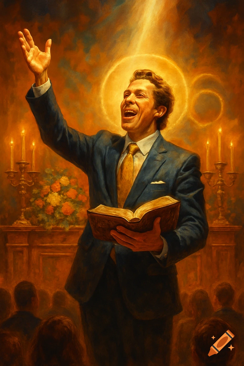 A dramatic painting of a smiling man in a suit preaching, holding a ...