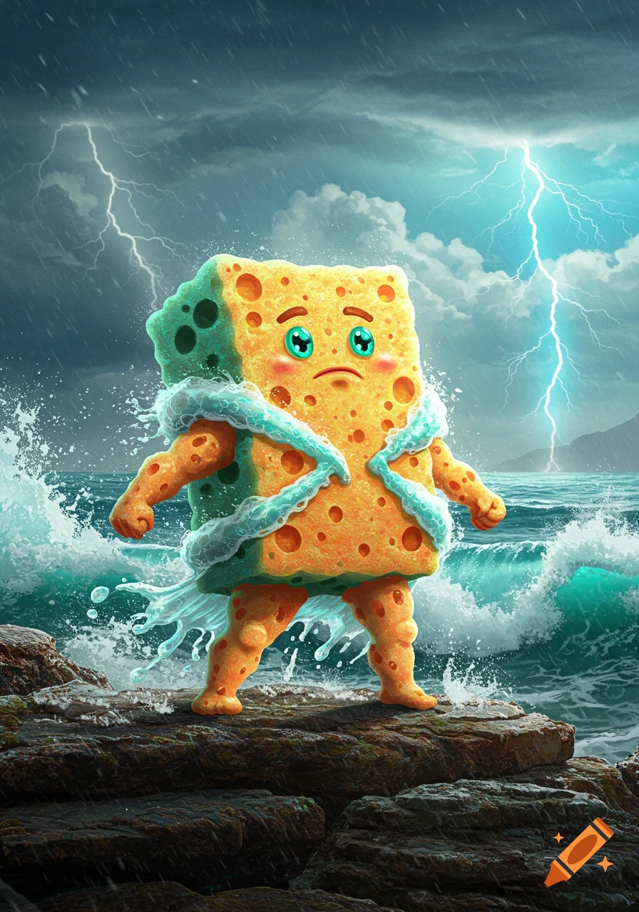 A sad, anthropomorphic sponge character stands on a rock by a stormy ...