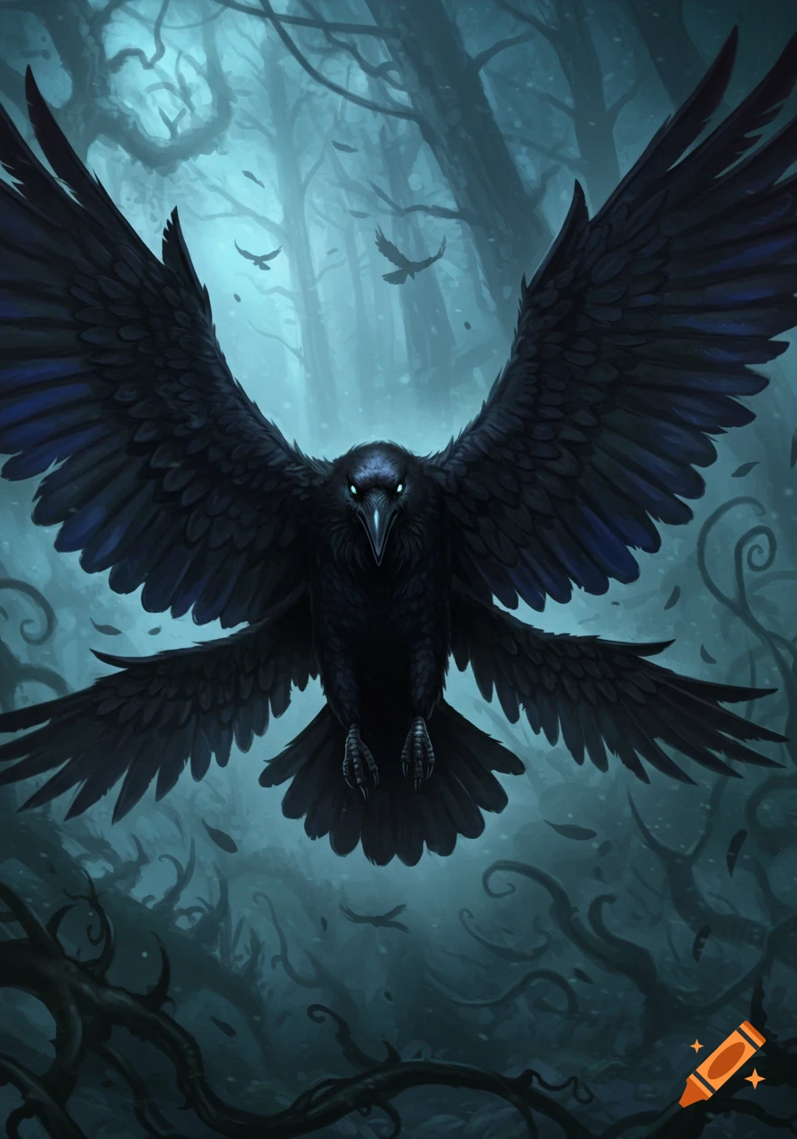 A four-winged black raven with glowing eyes flies forward through a ...