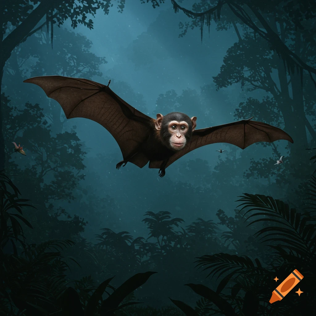 A monkey-headed bat with large leathery wings flies through a dark ...