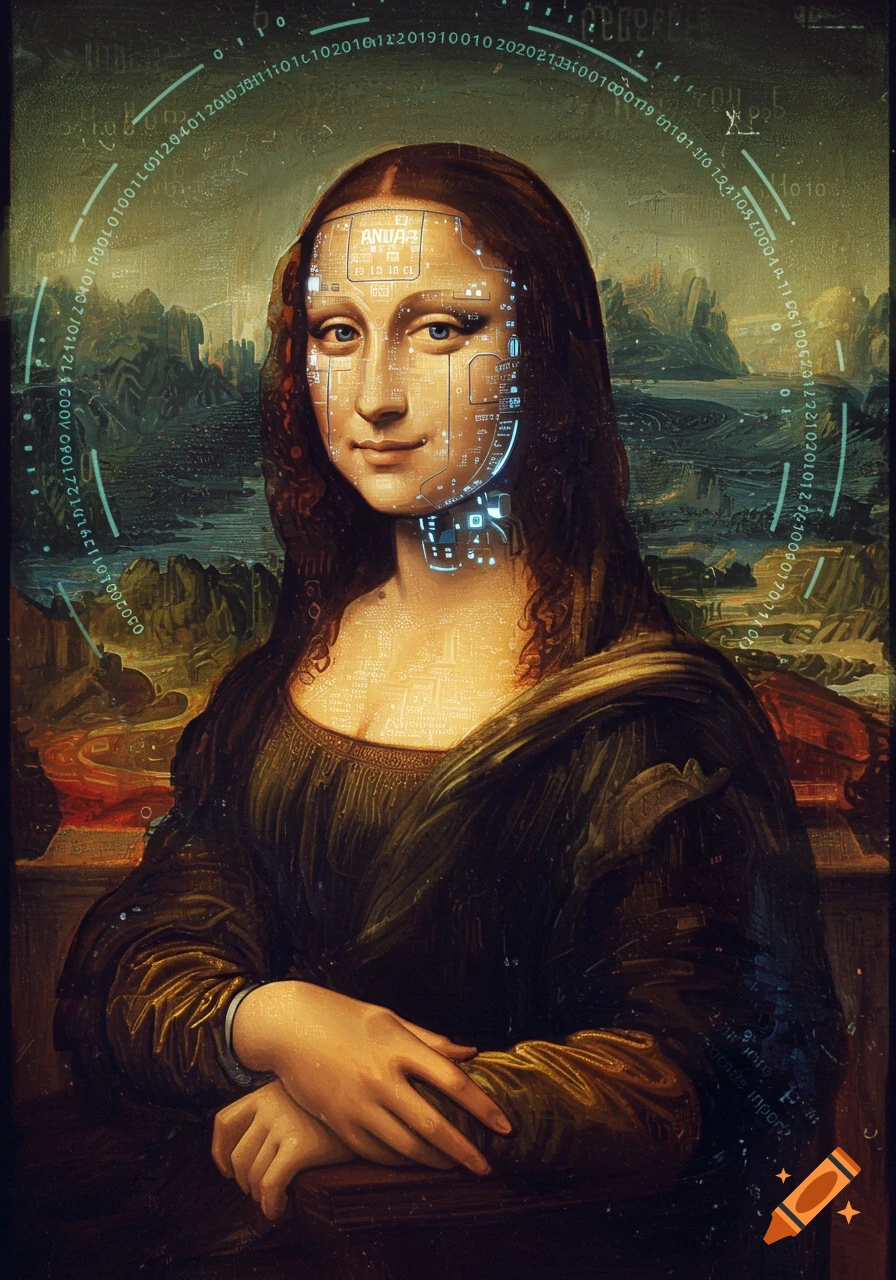 A classic portrait of Mona Lisa with digital circuits glowing on her ...