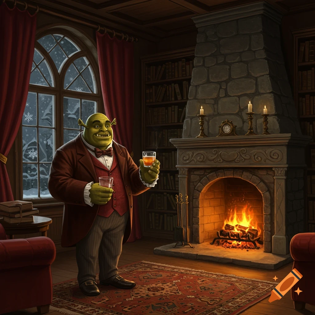 A formally dressed Shrek smiles, holding two drinks in a cozy library ...