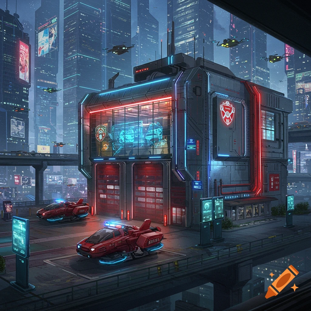A Futuristic Fire Station Building With Red Hovercrafts And Neon Lights