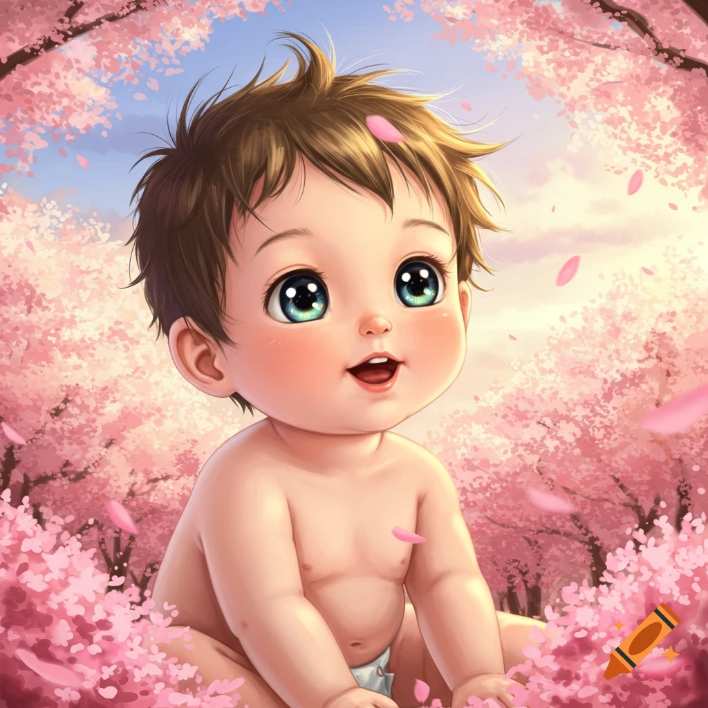 A cute anime baby with big, bright eyes and brown hair smiles while ...