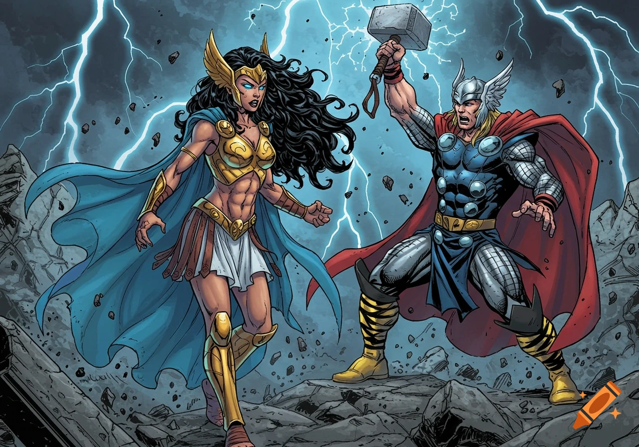 Comic art of a female warrior in gold armor and an Olympian outfit ...